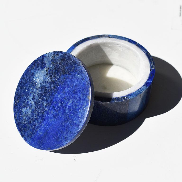 Round Blue Lapis Lazuli and Marble Stone Jewelry or Trinket Box with ...
