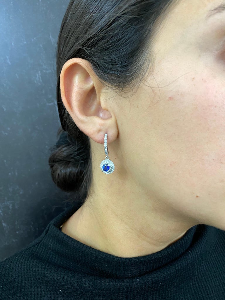 Round Blue Sapphire Diamond Dangle Drop Double Halo Earrings 14K White ...