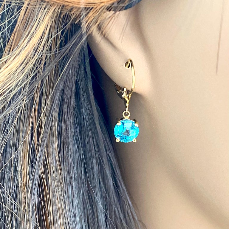 Round Blue Zircon Yellow Gold Hoop Lever Back Hoop Earrings For Sale at ...