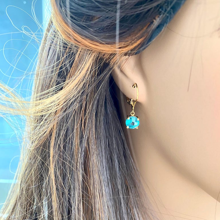 Round Blue Zircon Yellow Gold Hoop Lever Back Hoop Earrings For Sale at ...
