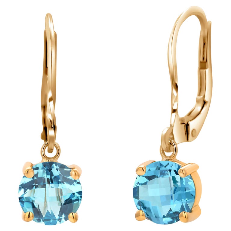 Round Blue Zircon Yellow Gold Hoop Lever Back Hoop Earrings For Sale at ...