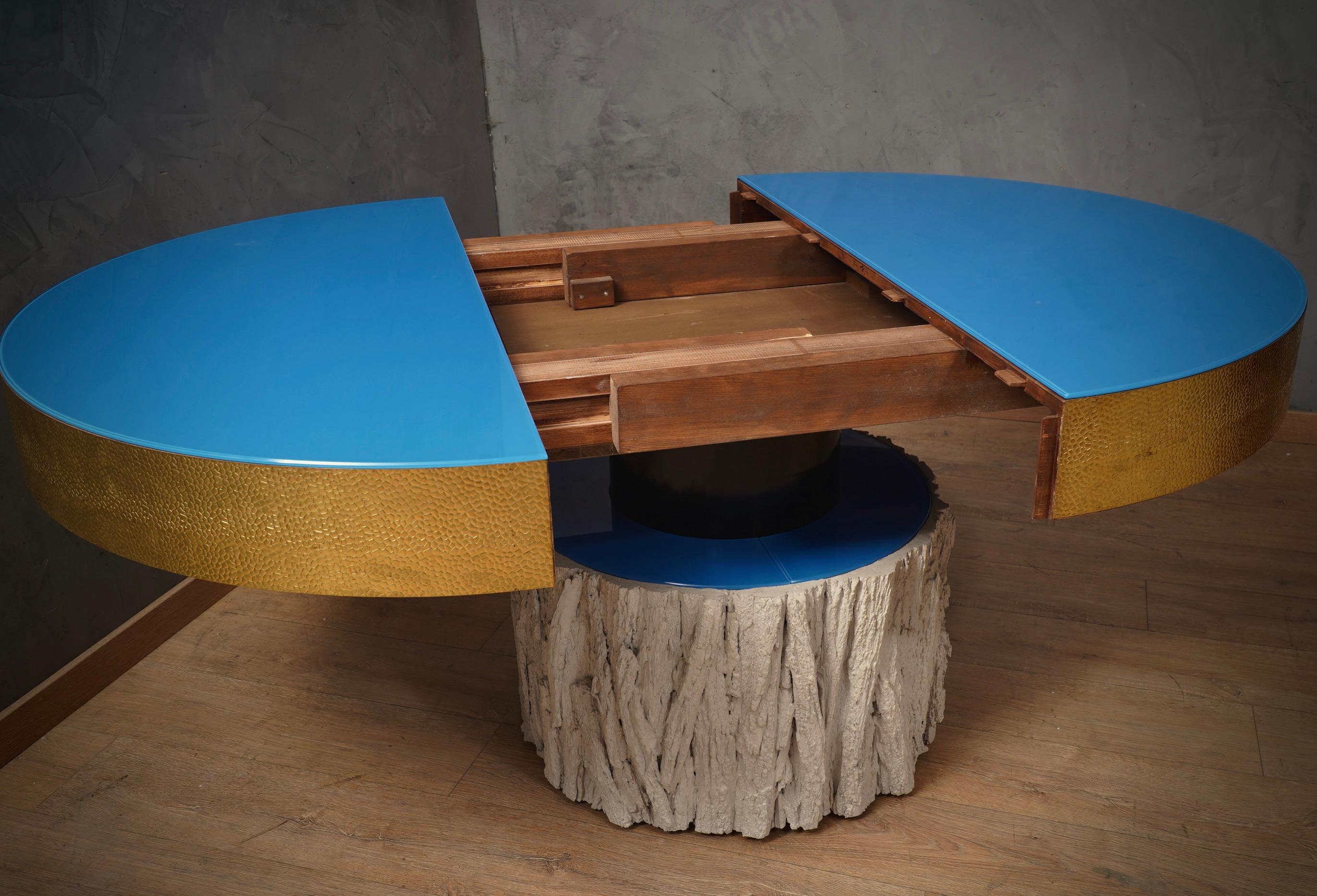 Round Brass and Colored Glass Italian Extensible Center Dinning Table ...