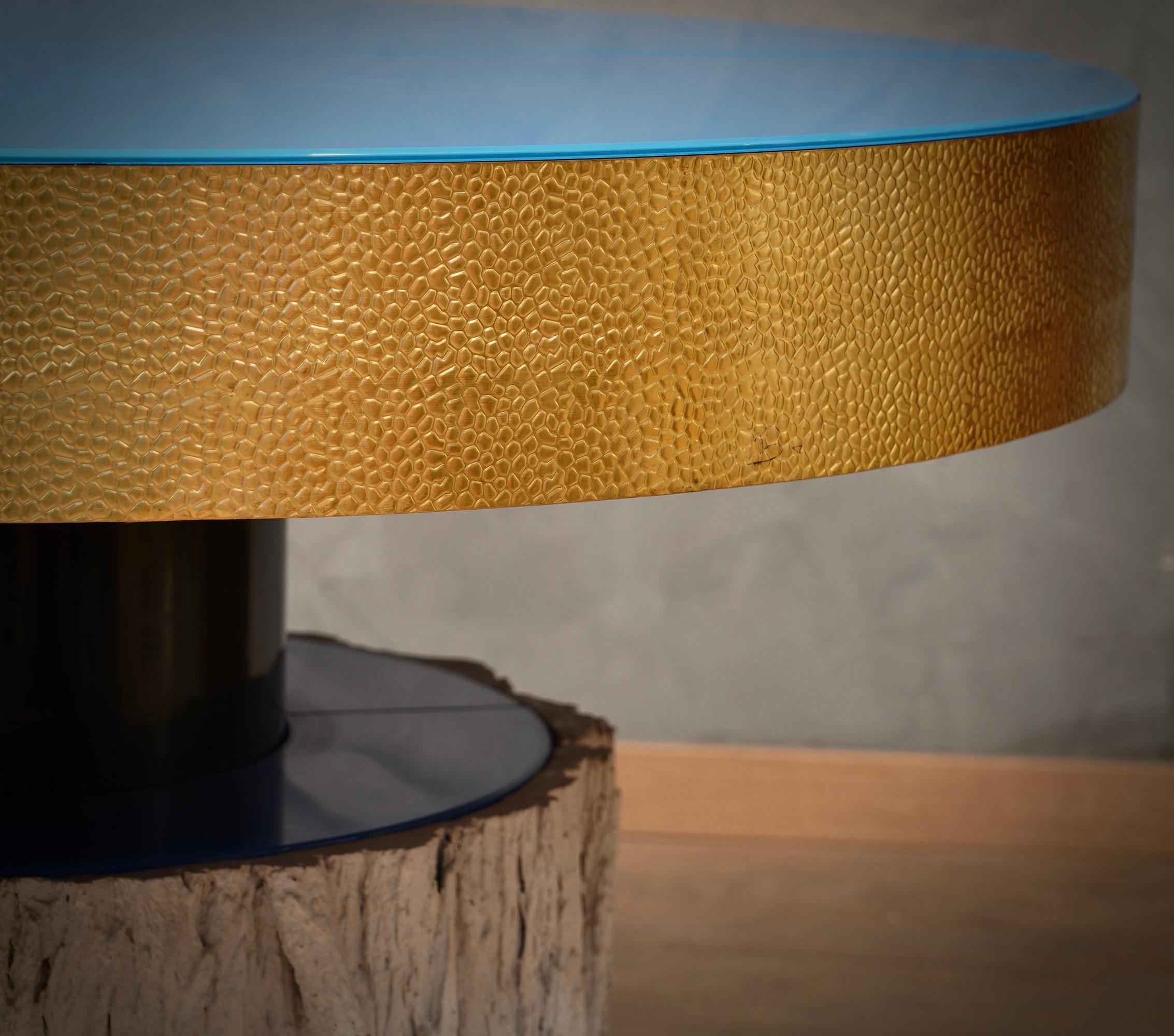 Round Brass and Colored Glass Italian Extensible Center Dinning Table ...