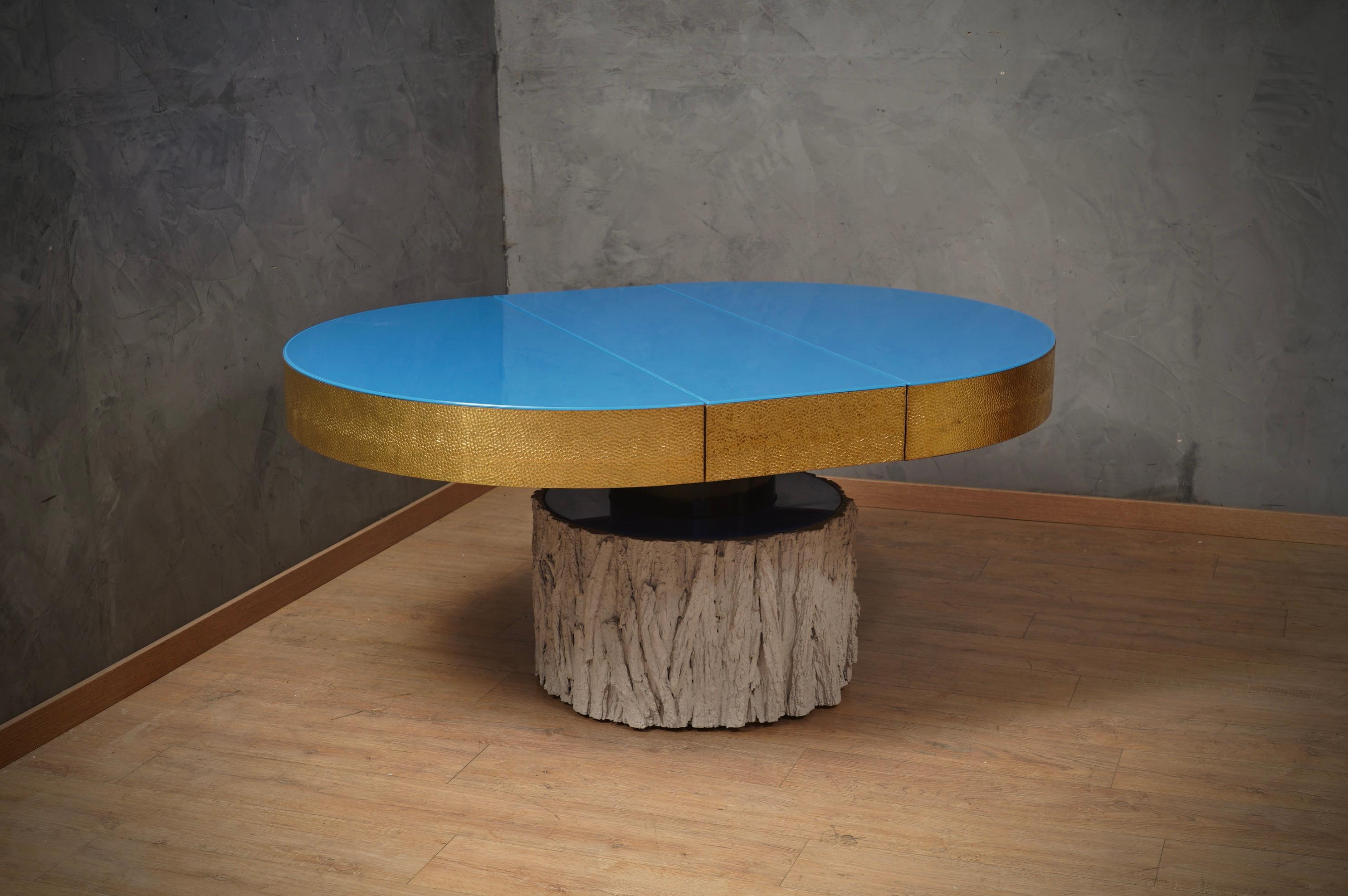Round Brass and Colored Glass Italian Extensible Center Dinning Table ...