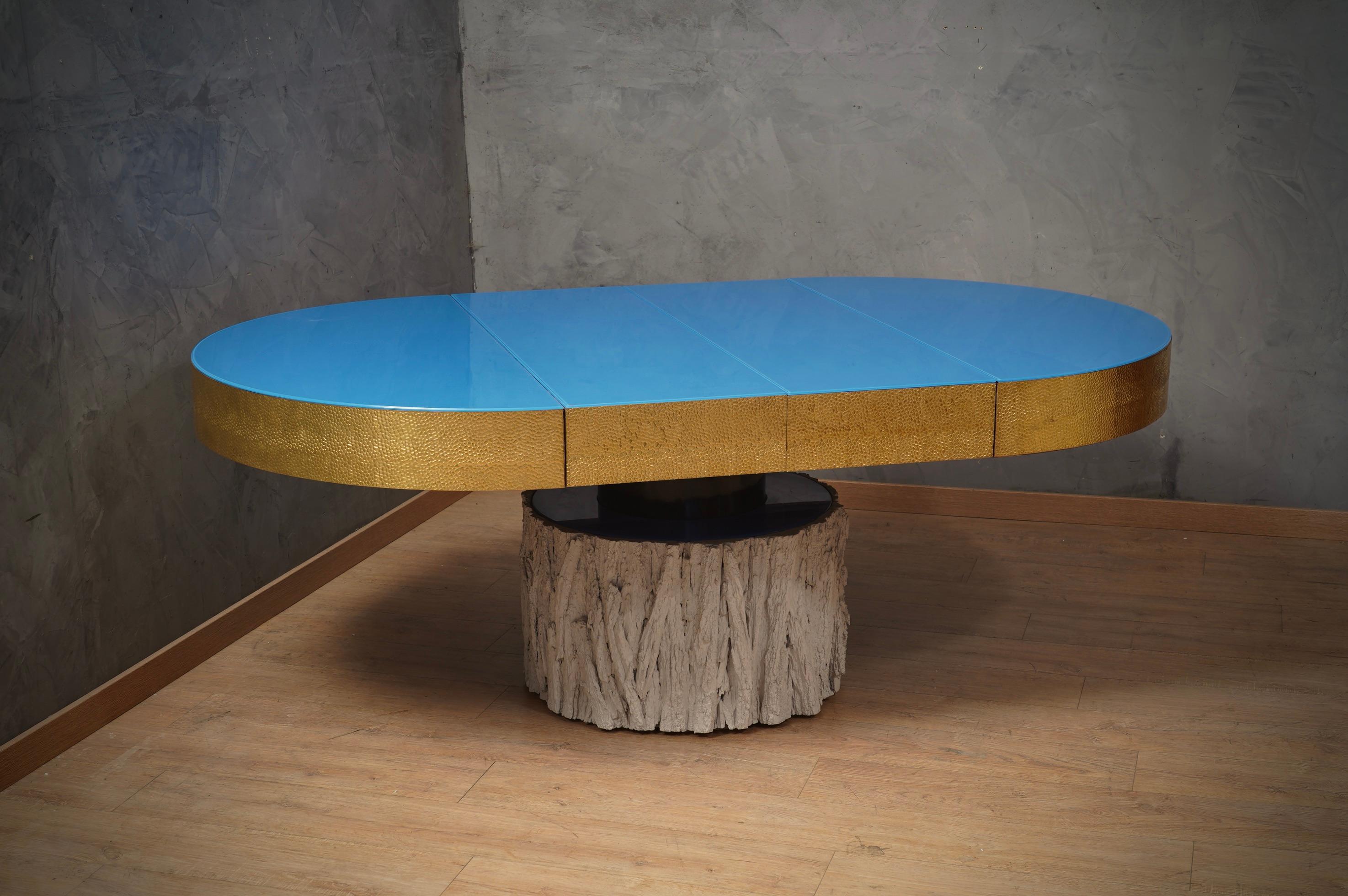 Round Brass and Colored Glass Italian Extensible Center Dinning Table ...