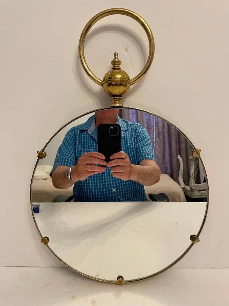 Round Brass Mirror with Loop Top Finial For Sale at 1stDibs