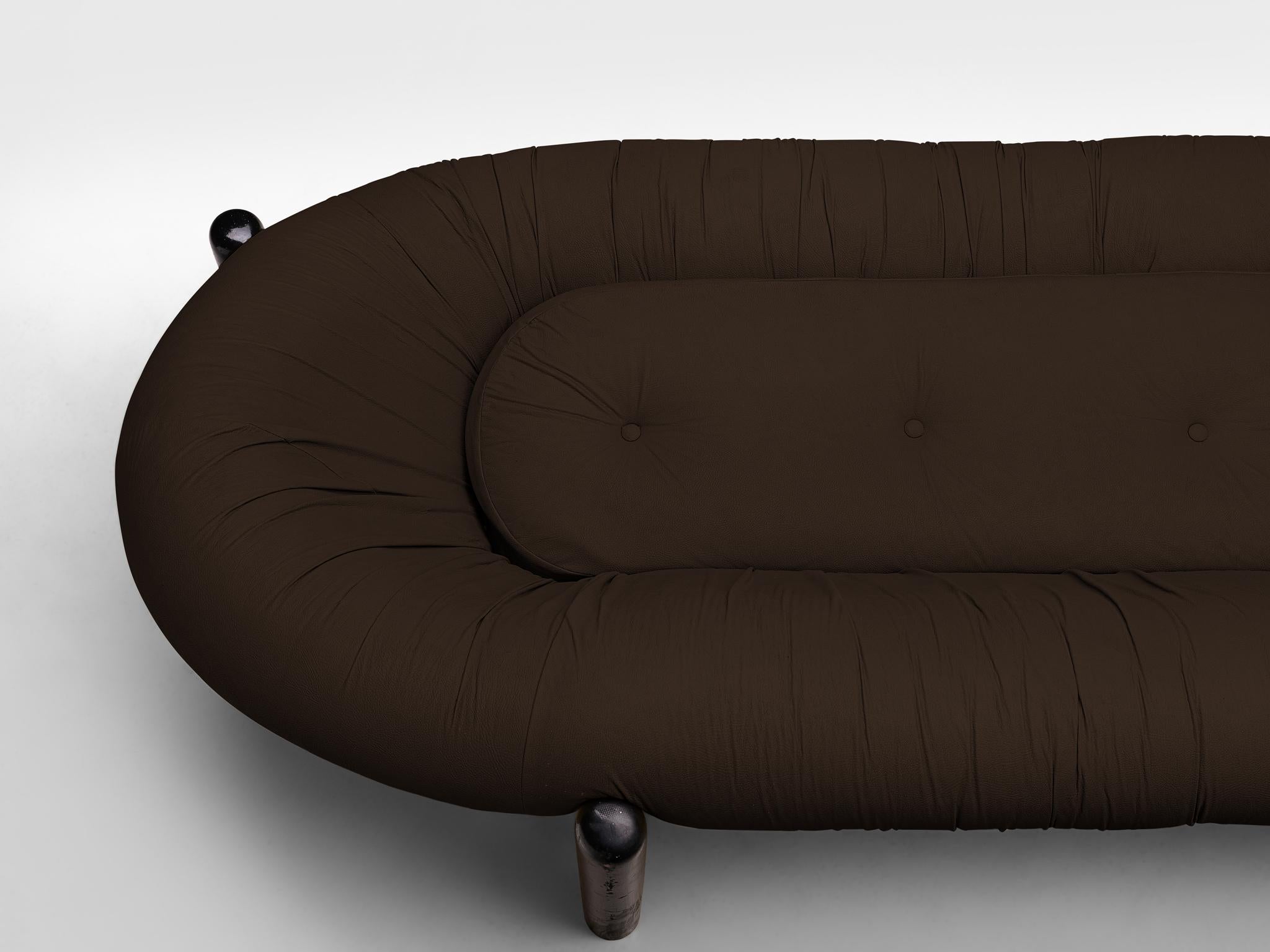 Round Brazilian Sofa in Leather and Black Wooden Frame For Sale at 1stDibs