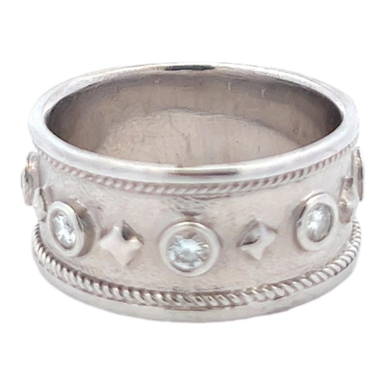 Round Brilliant Bezel Set Diamond 18k White Gold Wide Cigar Estate Band ...