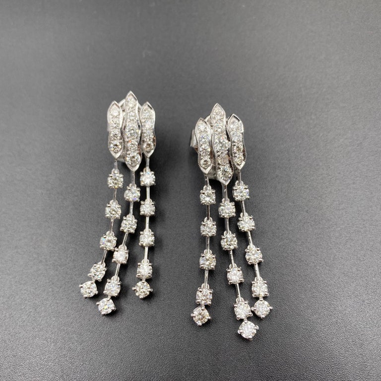 Round Brilliant Diamond String 3 Link Drop Earrings 18K White Gold For ...