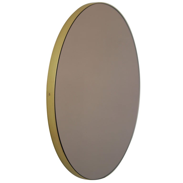 Orbis Bronze Tinted Contemporary Bespoke Round Mirror with Brass Frame ...