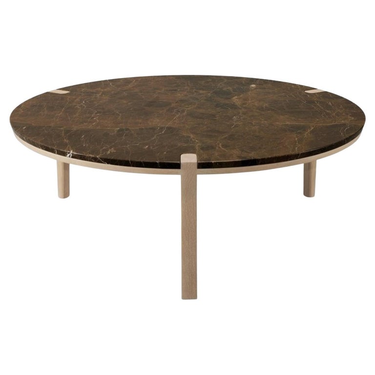 Round Brown Marble Walnut Center Coffee Table For Sale at 1stDibs