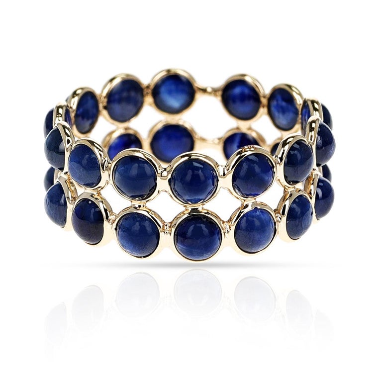 Round Cabochon Blue Sapphire Double Layer Band in 18k Yellow Gold For ...