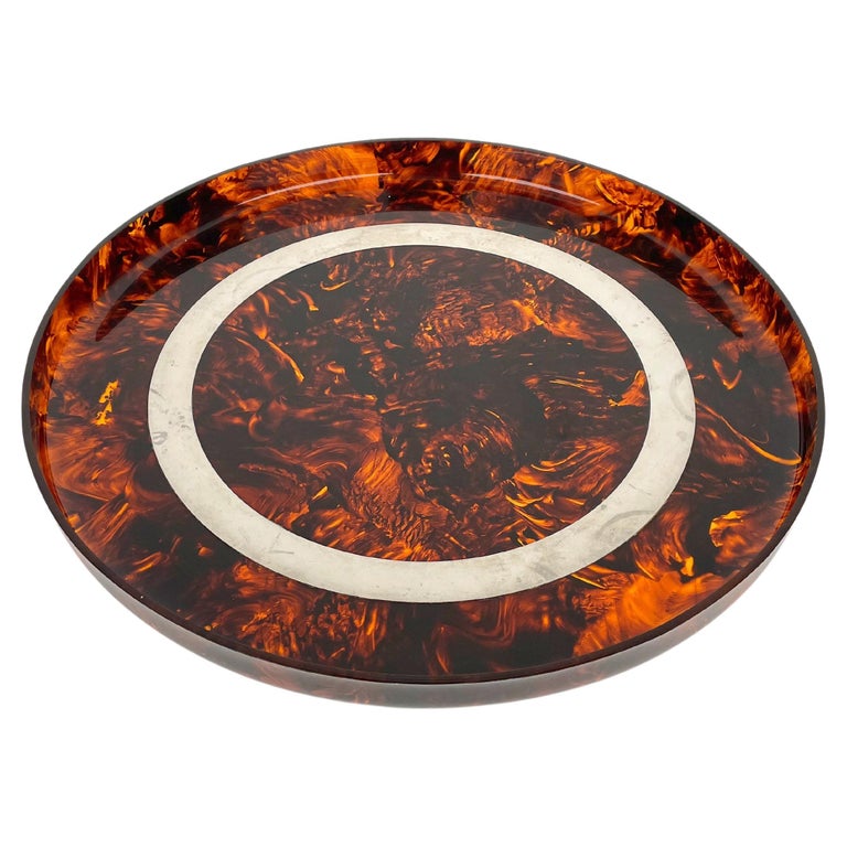 Round Centerpiece Serving Tray Lucite Tortoiseshell and Steel Italy ...