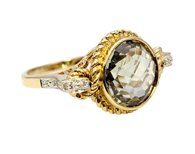 Round Checkerboard Cut Green Prasiolite and Diamond Ring in 14 Karat ...