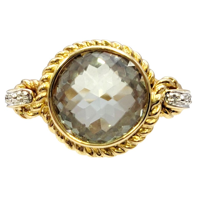 Round Checkerboard Cut Green Prasiolite and Diamond Ring in 14 Karat ...