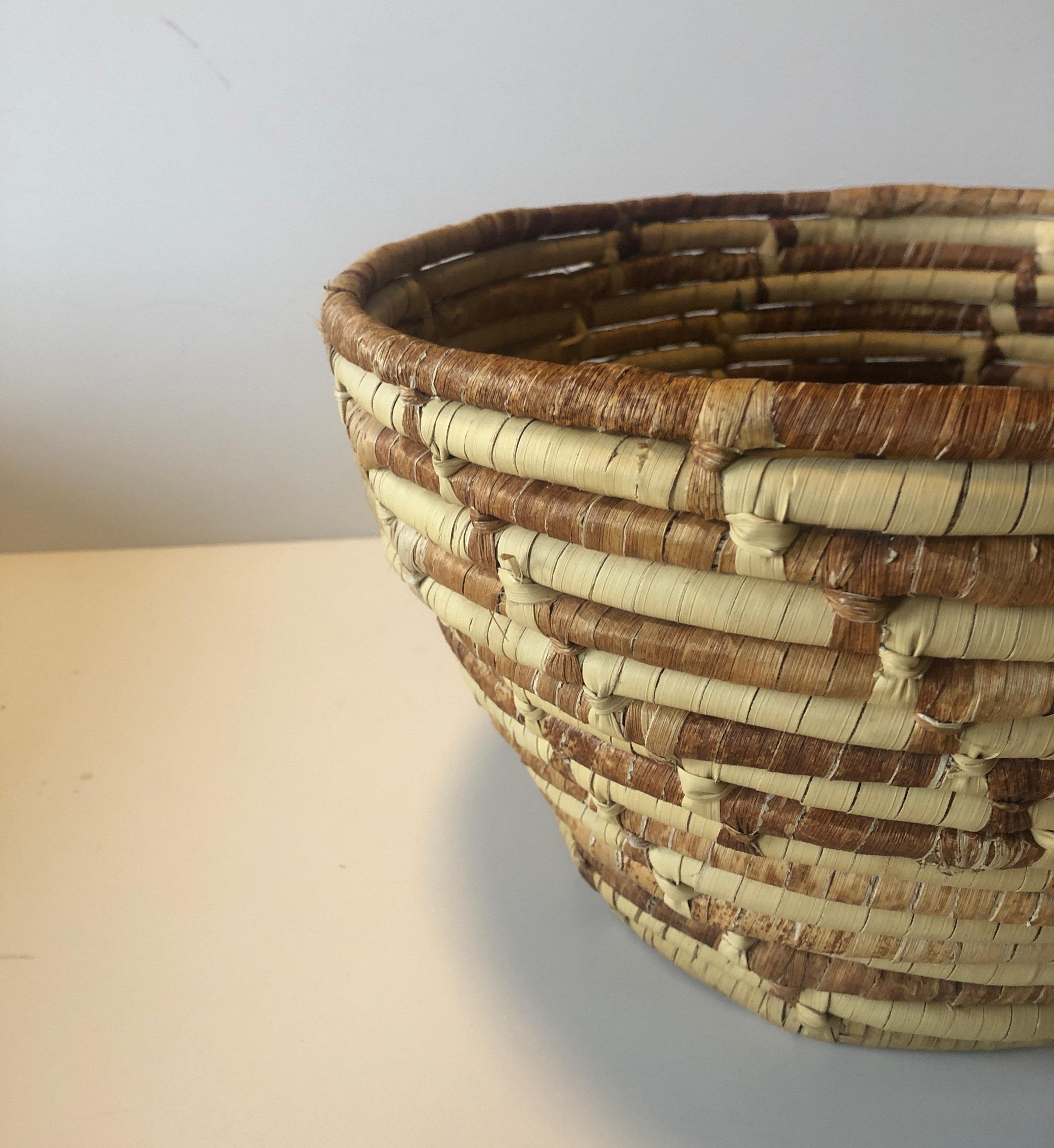 Round Coiled Tan and Brown Decorative Basket For Sale at 1stDibs | pan ...