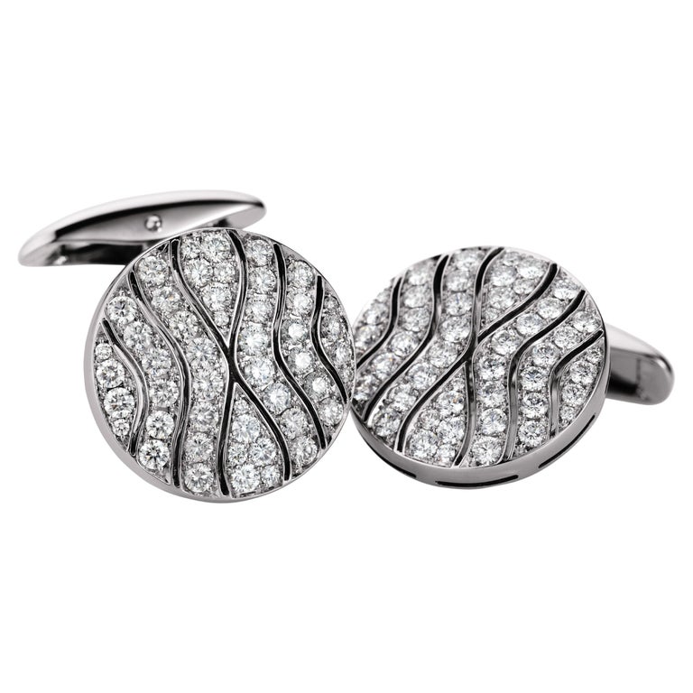 Round Cufflinks, 18k White Gold, 96 Diamonds 2.45 Ct G VS For Sale at ...