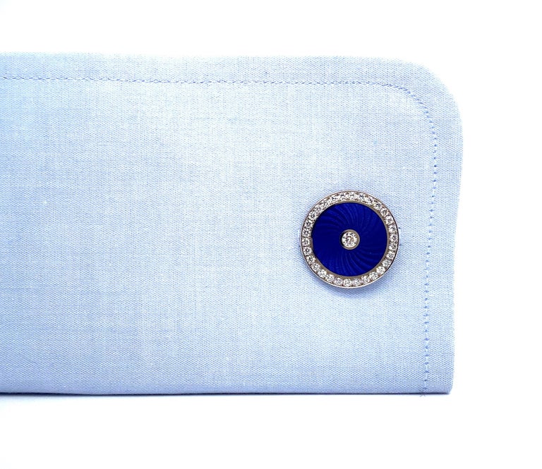 Round Cufflinks - 18k White Gold - Blue Guilloche Enamel - 62 Diamonds ...