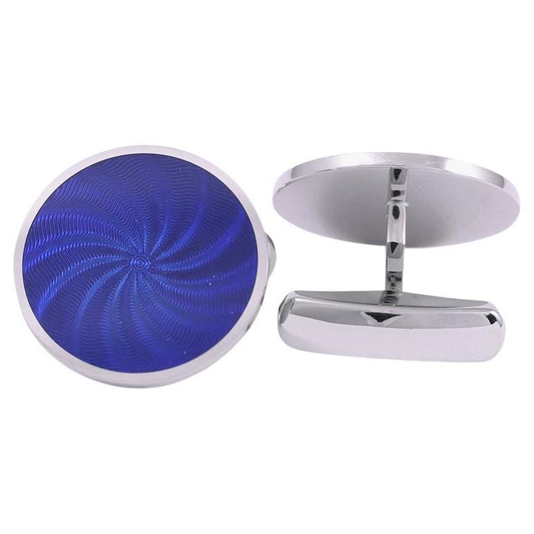 Round Cufflinks - 18k White Gold - Navy Blue Enamel Guilloche Diameter ...
