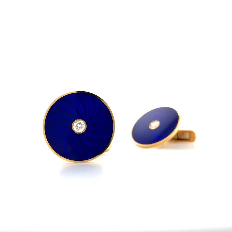 Round Cufflinks, 18k Yellow Gold Navy Blue Guilloche Enamel 2 Diamonds ...