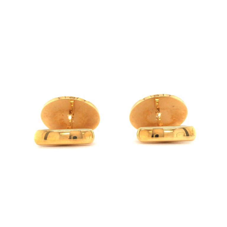 Round Cufflinks, 18k Yellow Gold Navy Blue Guilloche Enamel 2 Diamonds ...