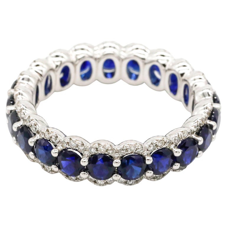 Round Cut Blue Sapphire Prong Set Diamond Eternity Band Ring in 18 K ...