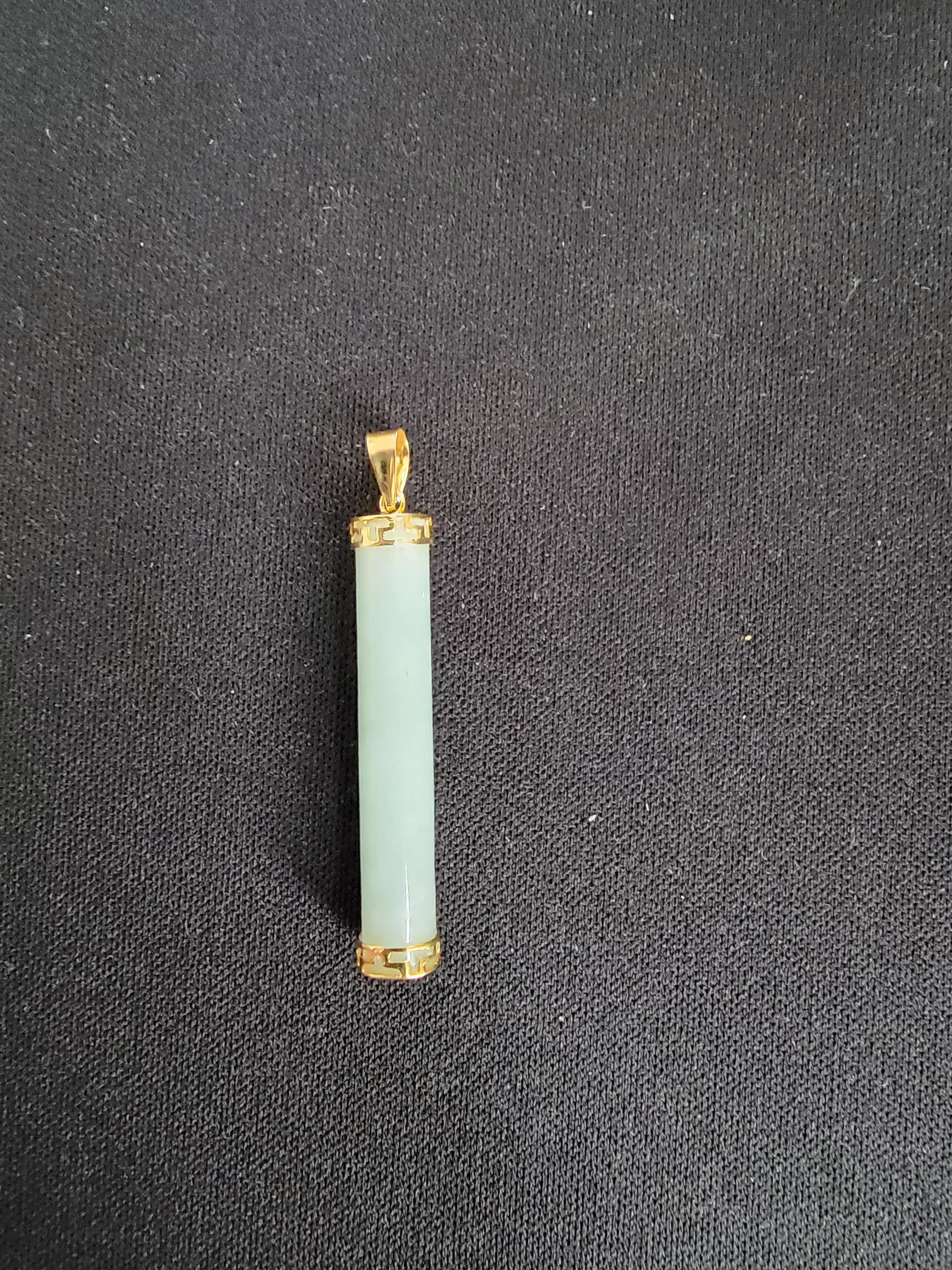 Round Cylindric Pillar Green A-Jade Pendant (With Solid 14K Yellow Gold ...
