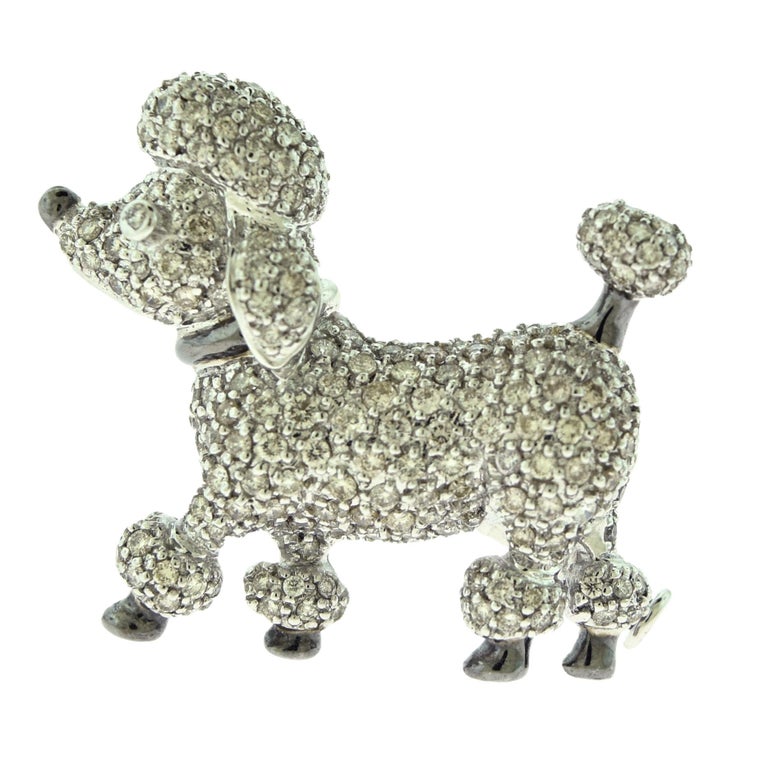Round Diamond Dog Poodle Brooch, Pin, and Pendant in 18 Karat White ...