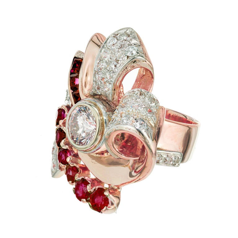 Round Diamond Ruby Gold Platinum Swirl Ring at 1stDibs