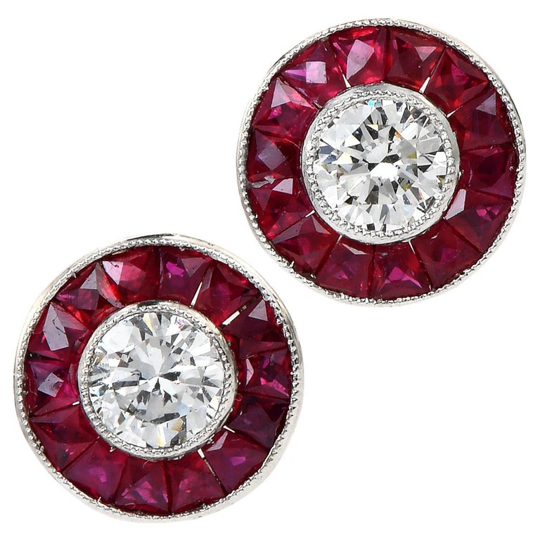Round Diamond Ruby Platinum Deco Style Halo Stud Earrings For Sale at ...