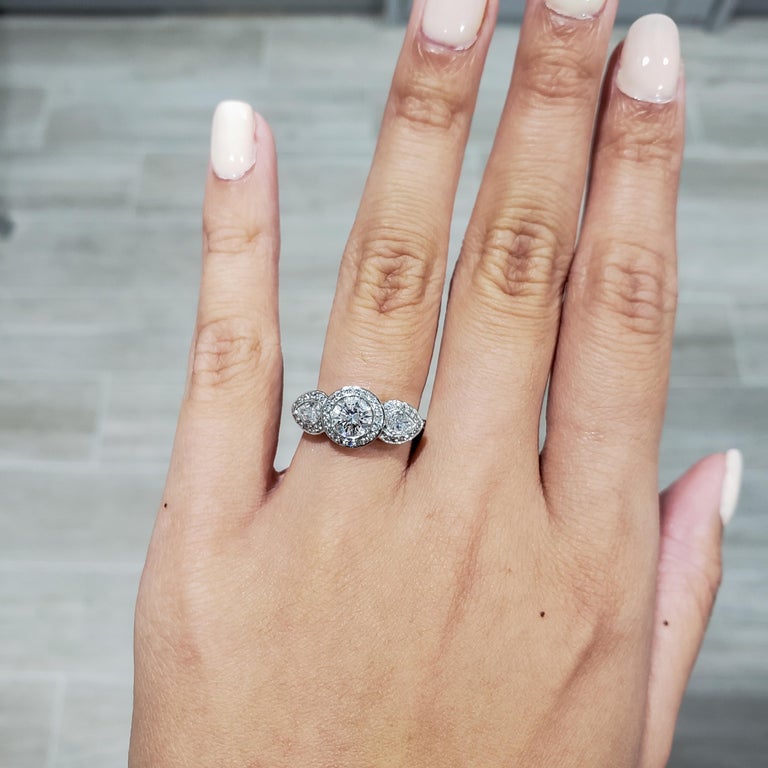 Round Diamond Three-Stone Halo Engagement Ring at 1stDibs | three stone ...