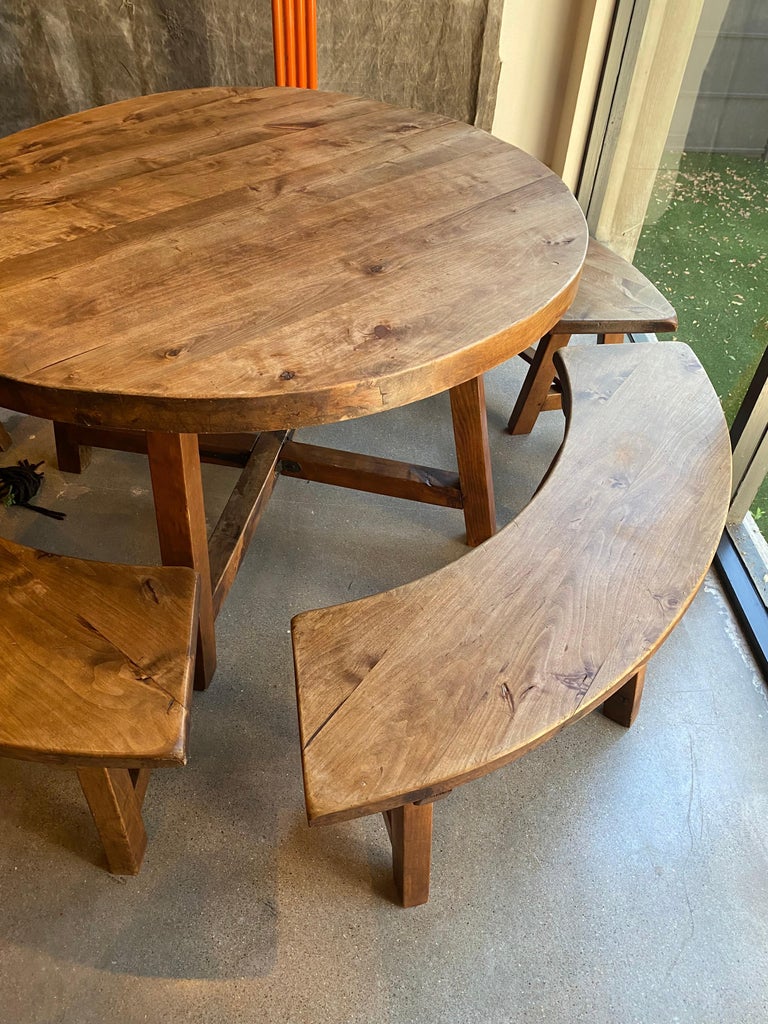 Round Dining Table with Four Benches, France, 1950's at 1stDibs
