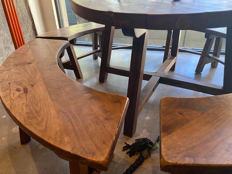 Round Dining Table with Four Benches, France, 1950's at 1stDibs