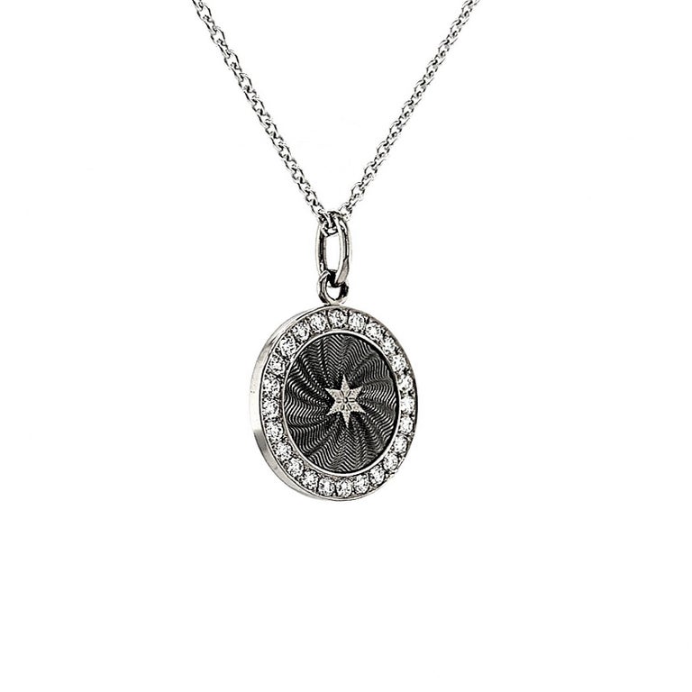 Round Disc Pendant Star Necklace 18k White Gold Silver Enamel 24 ...
