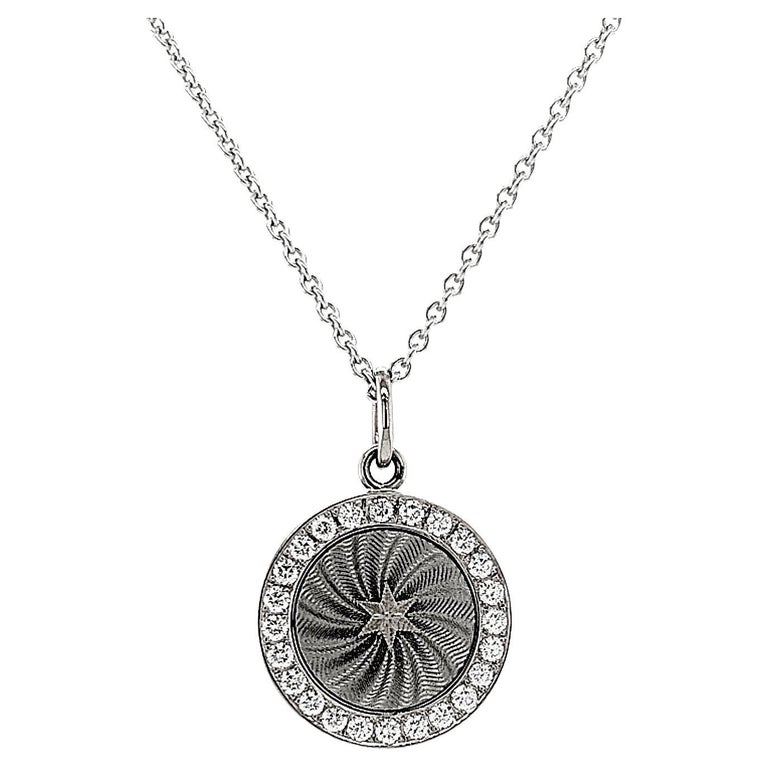 Round Disc Pendant Star Necklace 18k White Gold Silver Enamel 24 ...
