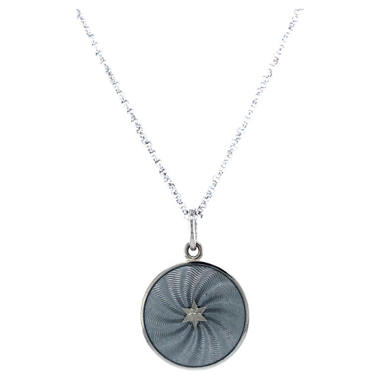 Round Disk Pendant Necklace 18k White Gold Silver Enamel Guilloche Gold ...