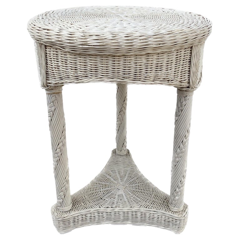 Round Empire Style White Woven Wicker Column Side End Table For Sale at ...