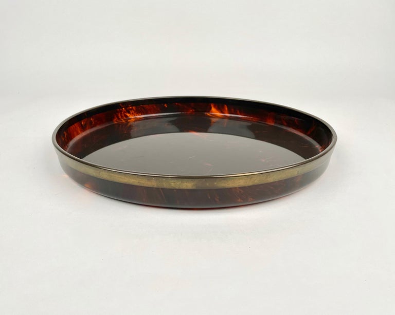 Round Faux Tortoiseshell Effect Lucite and Brass Tray, Italy, 1970s at ...