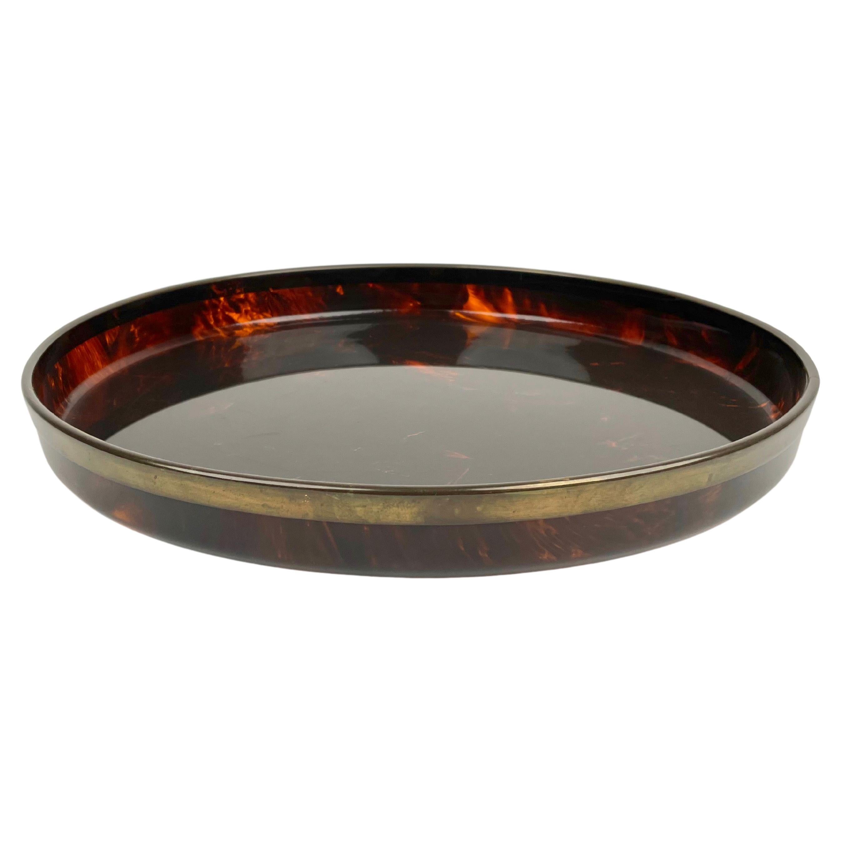 Tortoise Lucite and Brass Serving /Bar Round Tray at 1stDibs