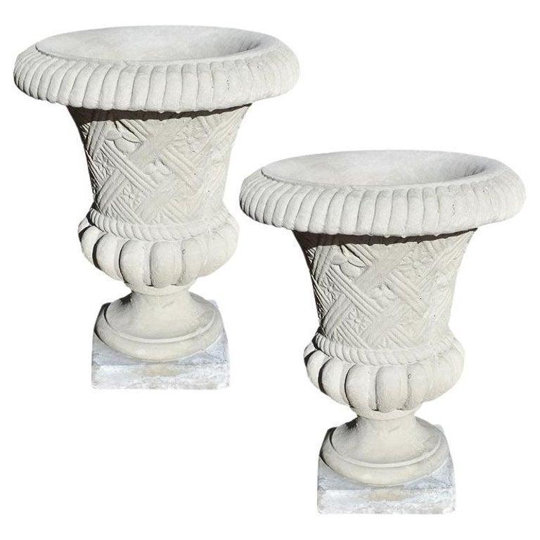 Round Fluted Concrete Basket Weave Garden Planters, a Pair For Sale at ...