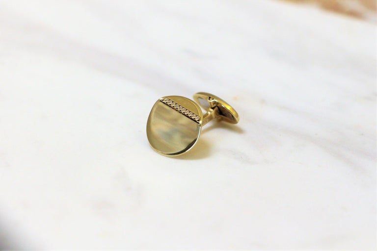 Round Folded Circle Cufflinks with a Line of Diamonds in 14Kt Yellow ...