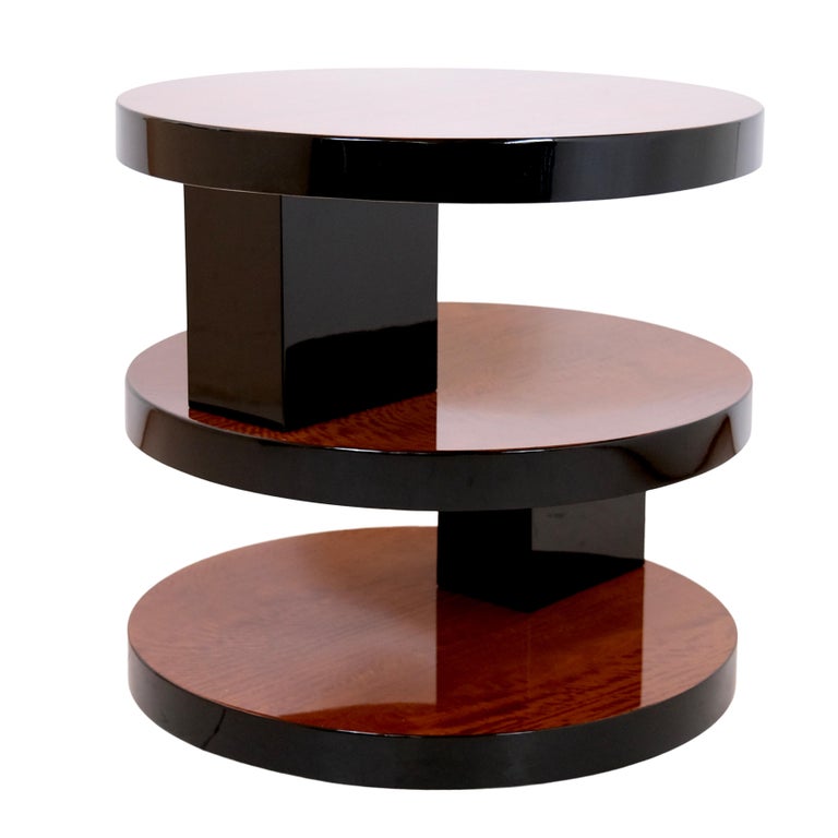 Round French Art Deco Mahogany Side Table with Black Lacquer with Three ...