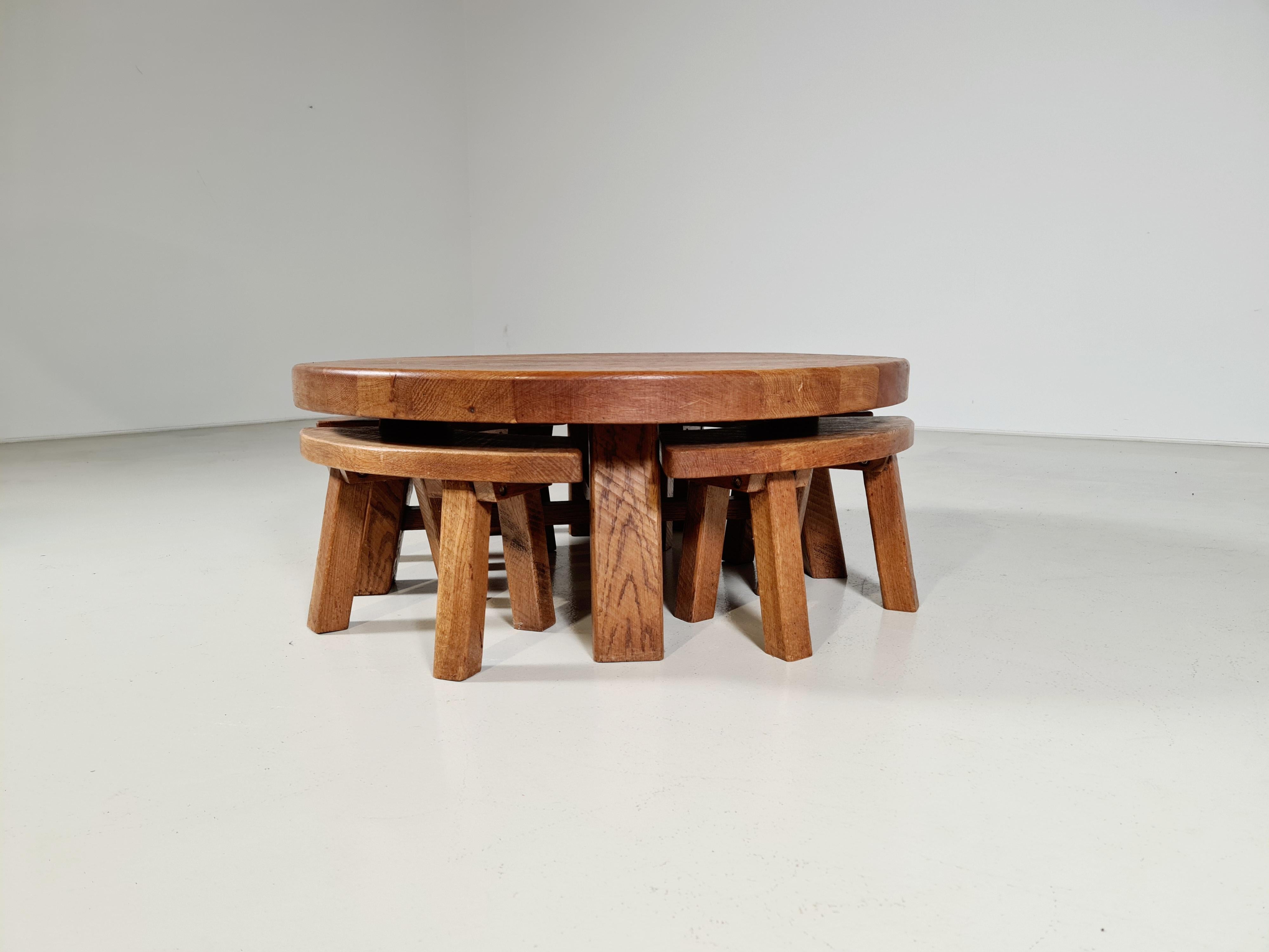 Round French Coffee Table with Stools in Solid Oak, 1960s at 1stDibs