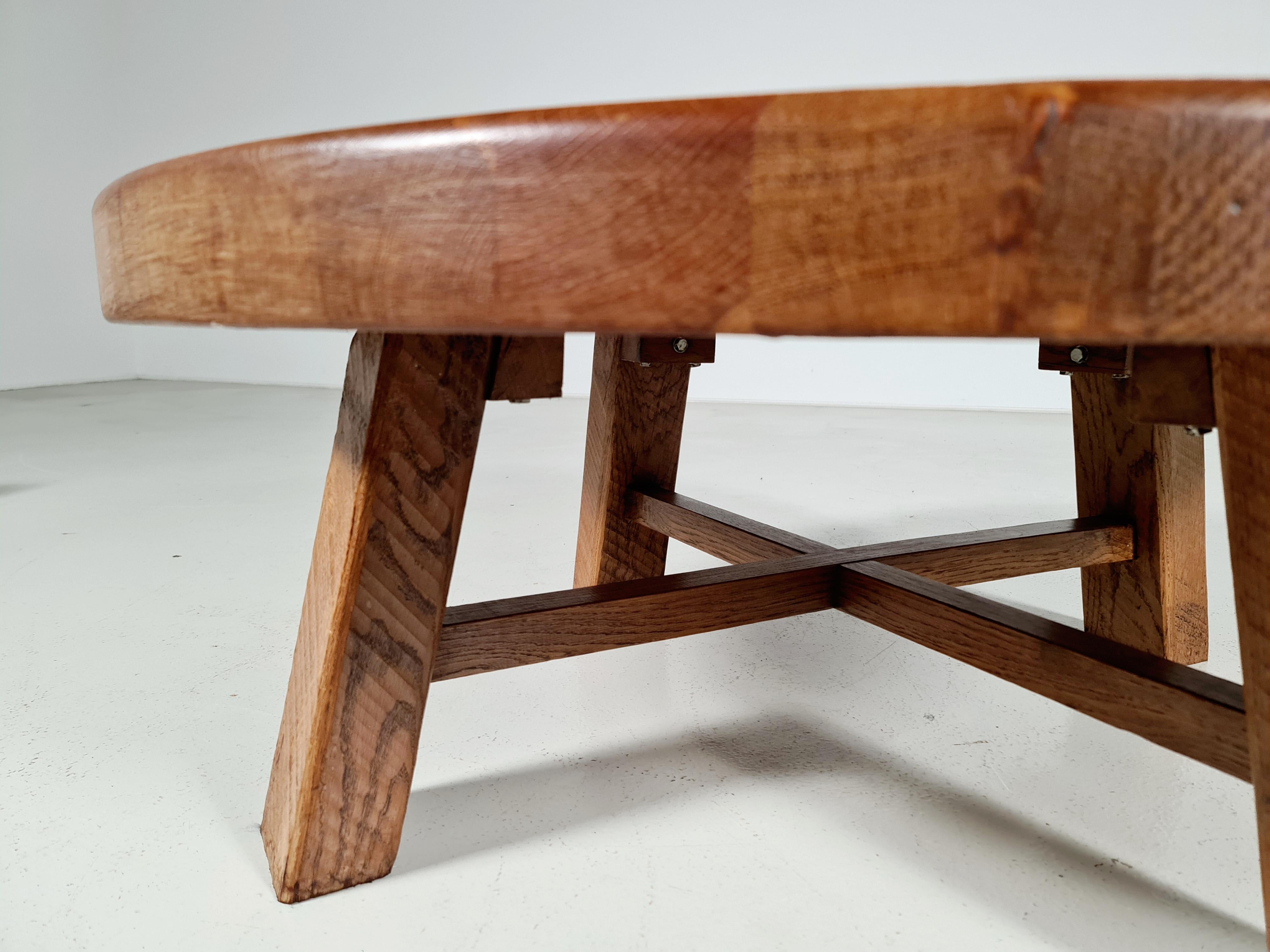 Round French Coffee Table with Stools in Solid Oak, 1960s at 1stDibs