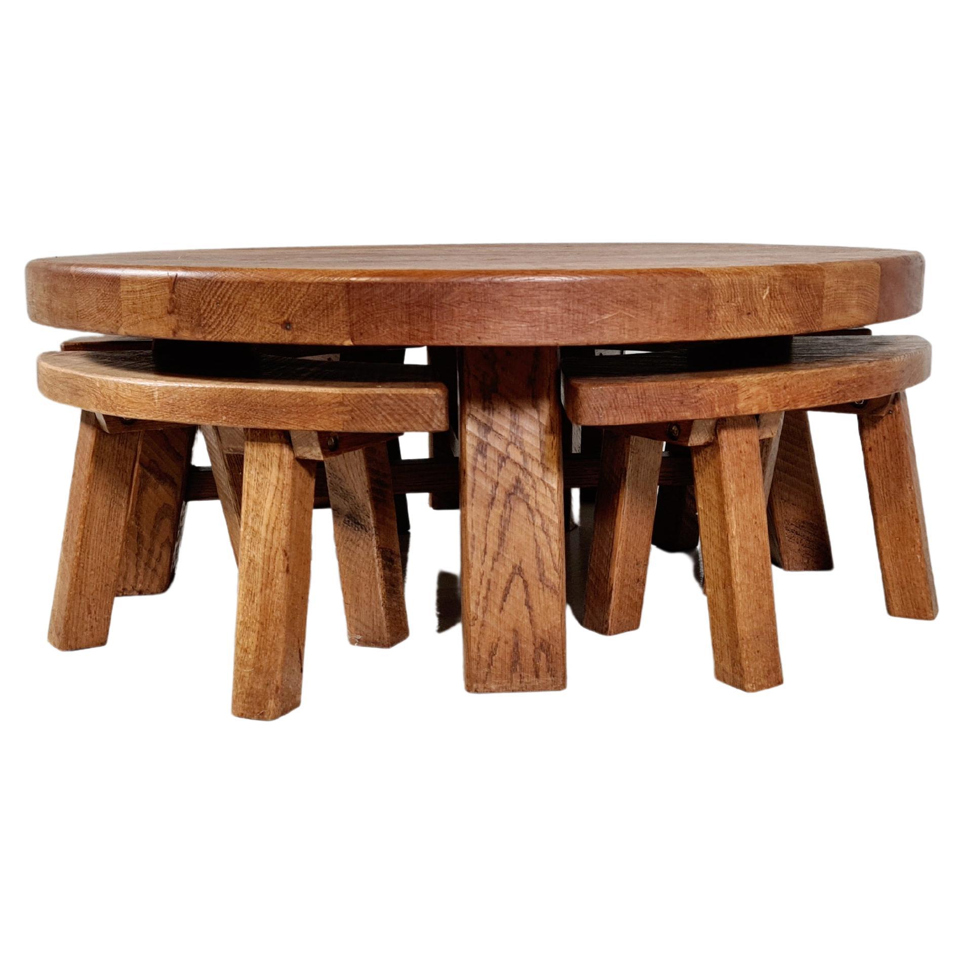 Round French Coffee Table with Stools in Solid Oak, 1960s at 1stDibs