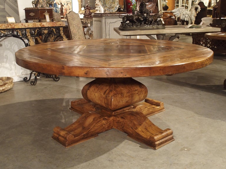 Round French Oak Parquet Dining Table with Central Baluster Base at 1stDibs