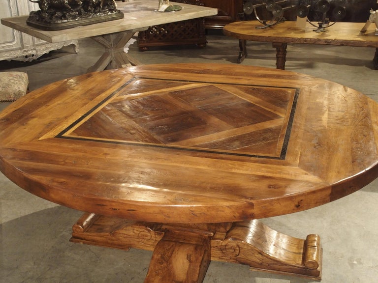 Round French Oak Parquet Dining Table with Central Baluster Base at 1stDibs