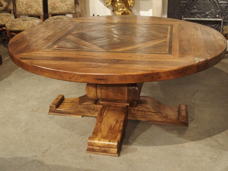 Round French Oak Parquet Dining Table with Central Baluster Base at 1stDibs