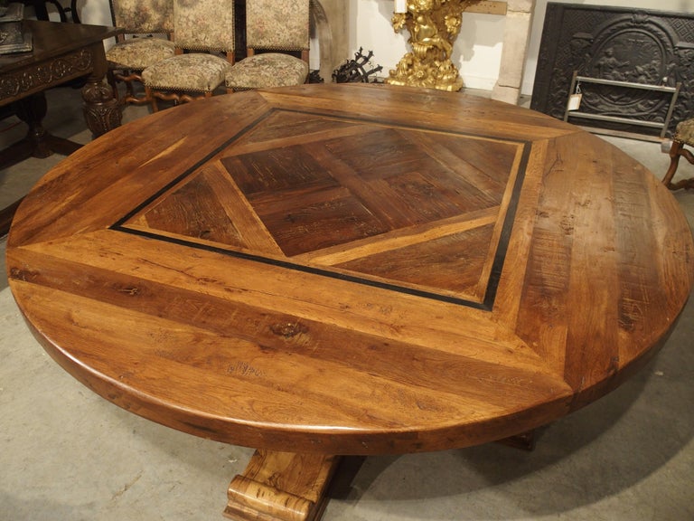 Round French Oak Parquet Dining Table with Central Baluster Base at 1stDibs