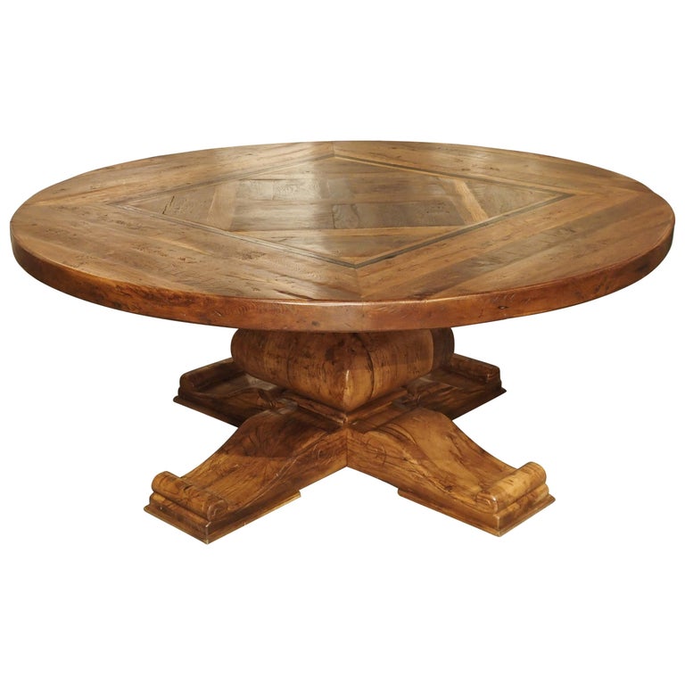 Round French Oak Parquet Dining Table with Central Baluster Base at 1stDibs